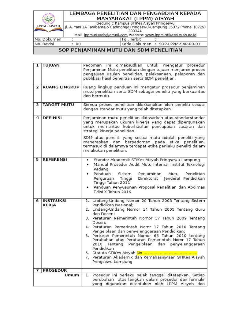 SOP Penelitian LPPM Aisyah | PDF