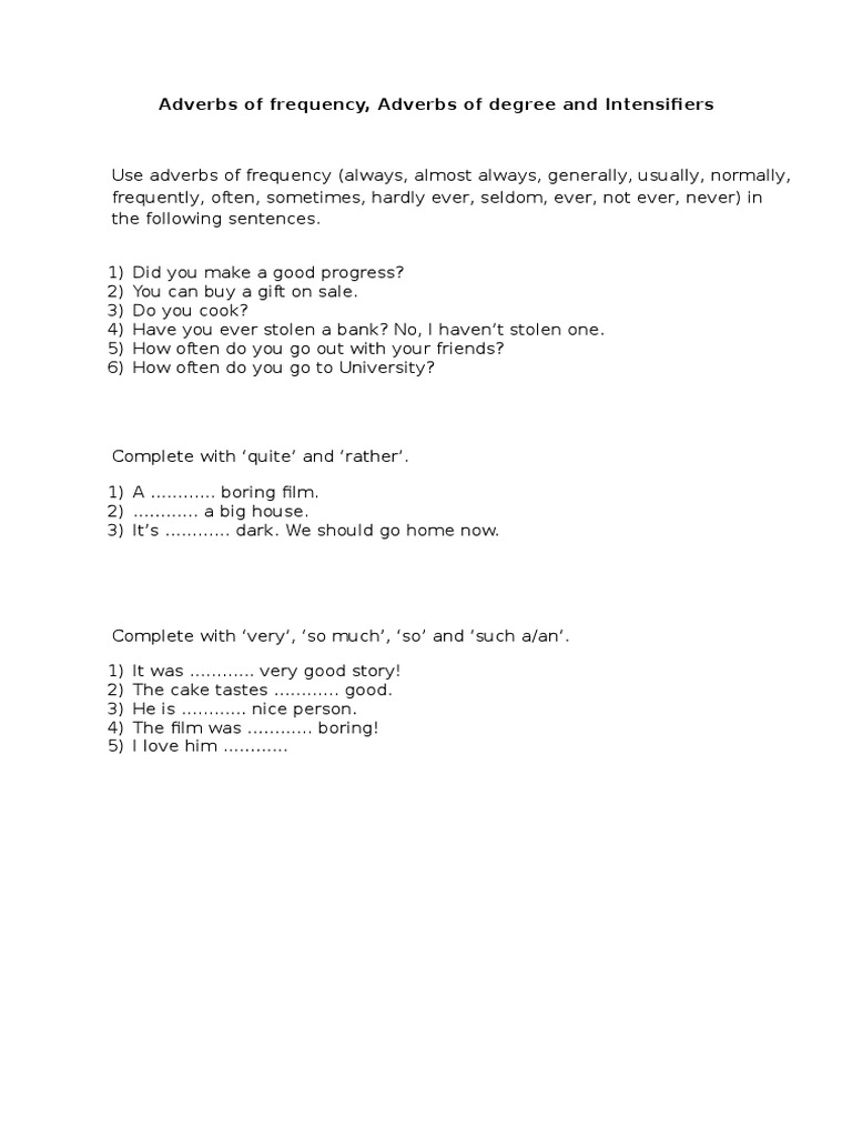 Adverbs of Frequency, Adverbs of Degree and Intensifiers | PDF