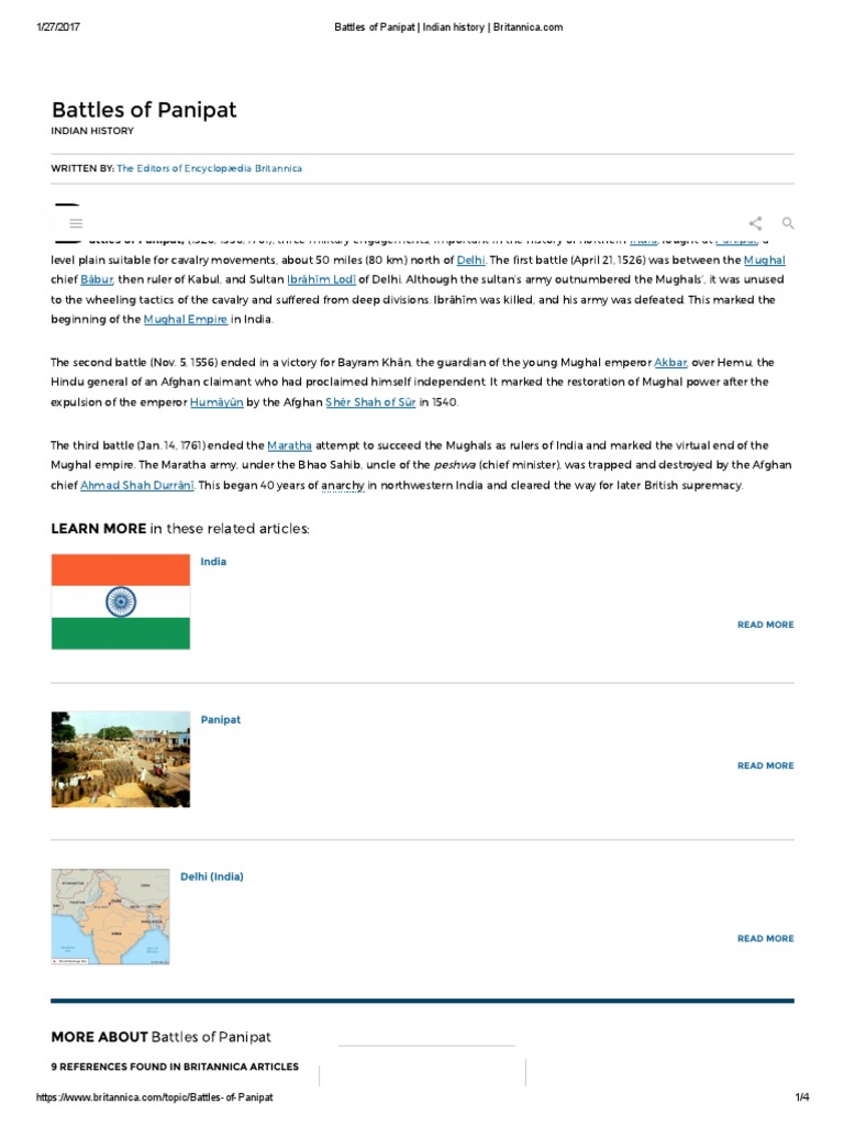 Battles of Panipat - Indian History - Britannica | PDF