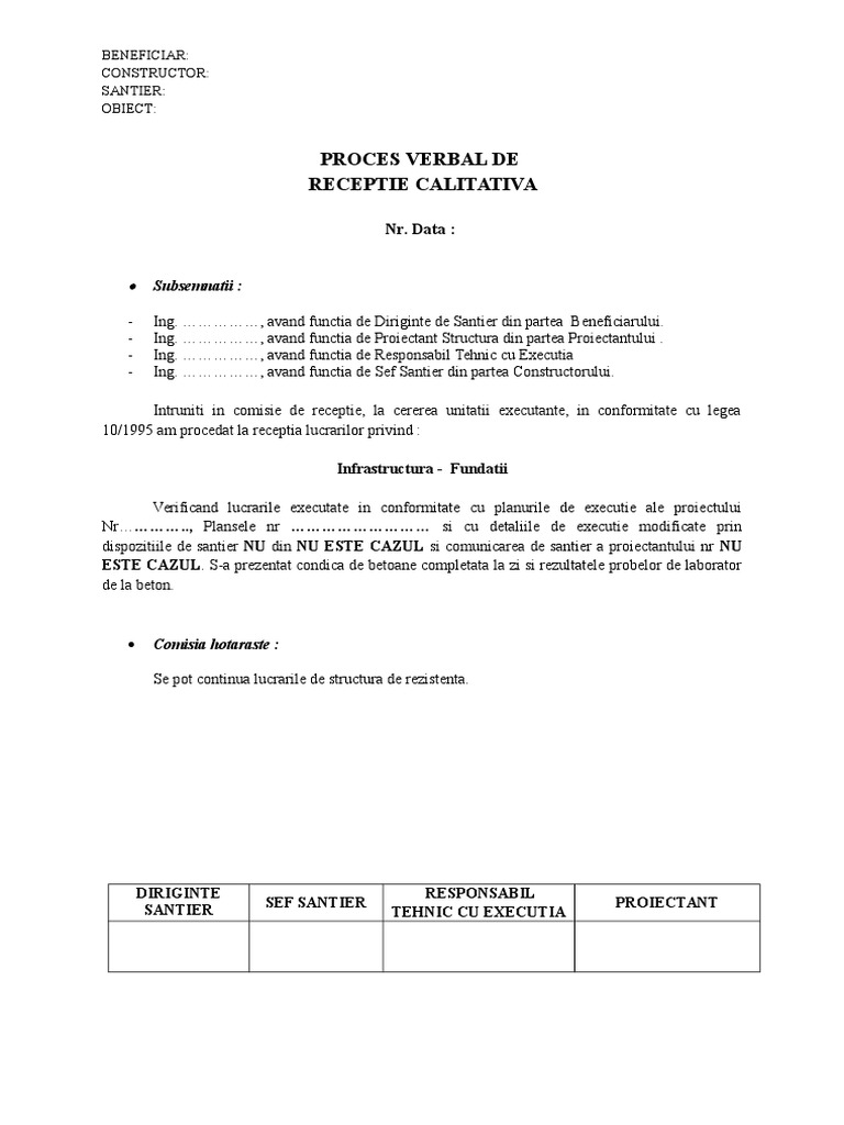 Proces Verbal de Receptie Calitativa - Infrastructura