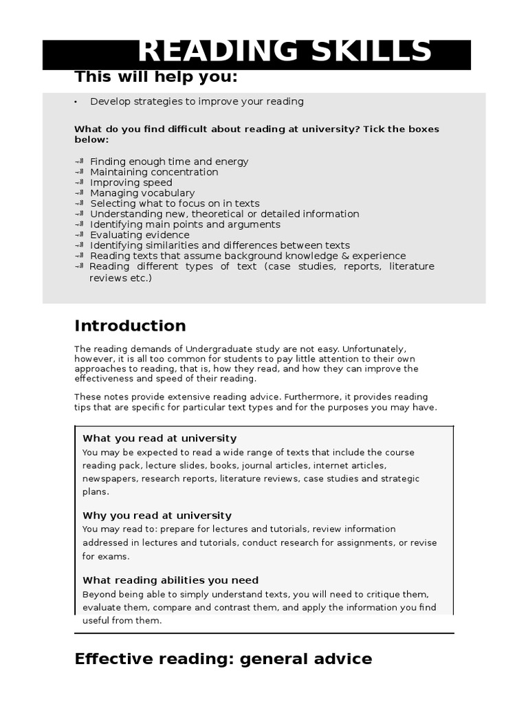 Reading Skills | PDF | Reading (Process) | Reading Comprehension