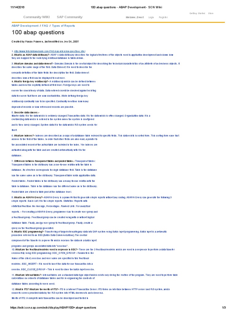 100 Abap Questions - ABAP Development - SCN Wiki | PDF | Databases | Database Index