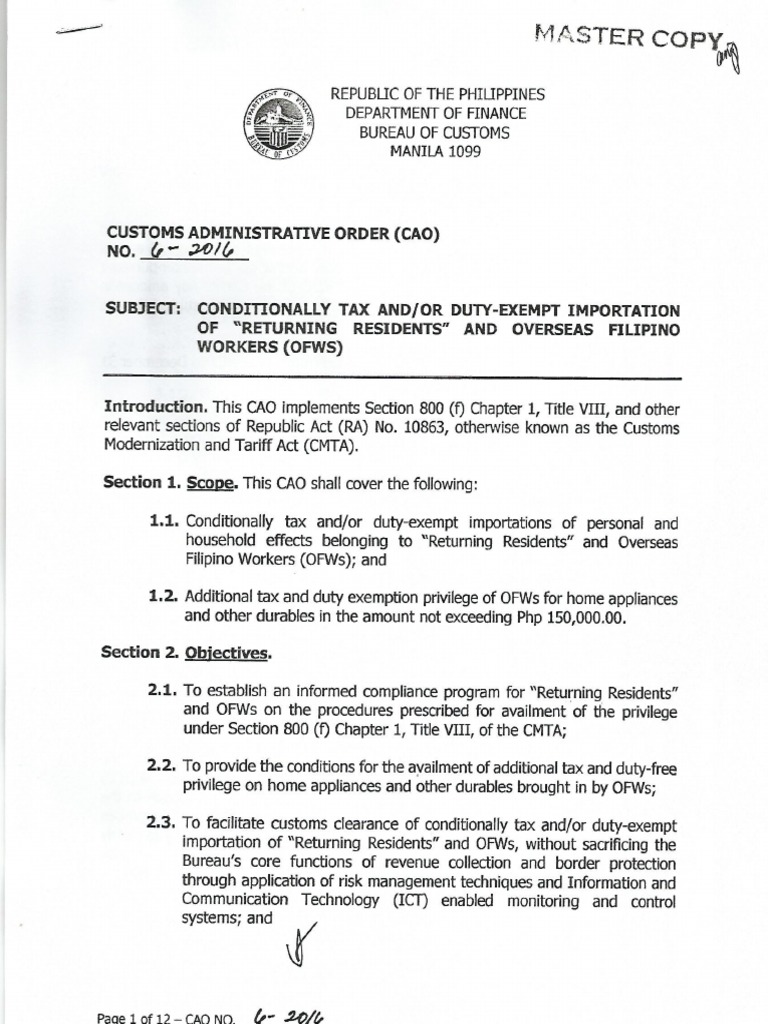 BOC CAO 6-2016 - Duty and Tax-Free Exemption of Imports of Returning OFWs