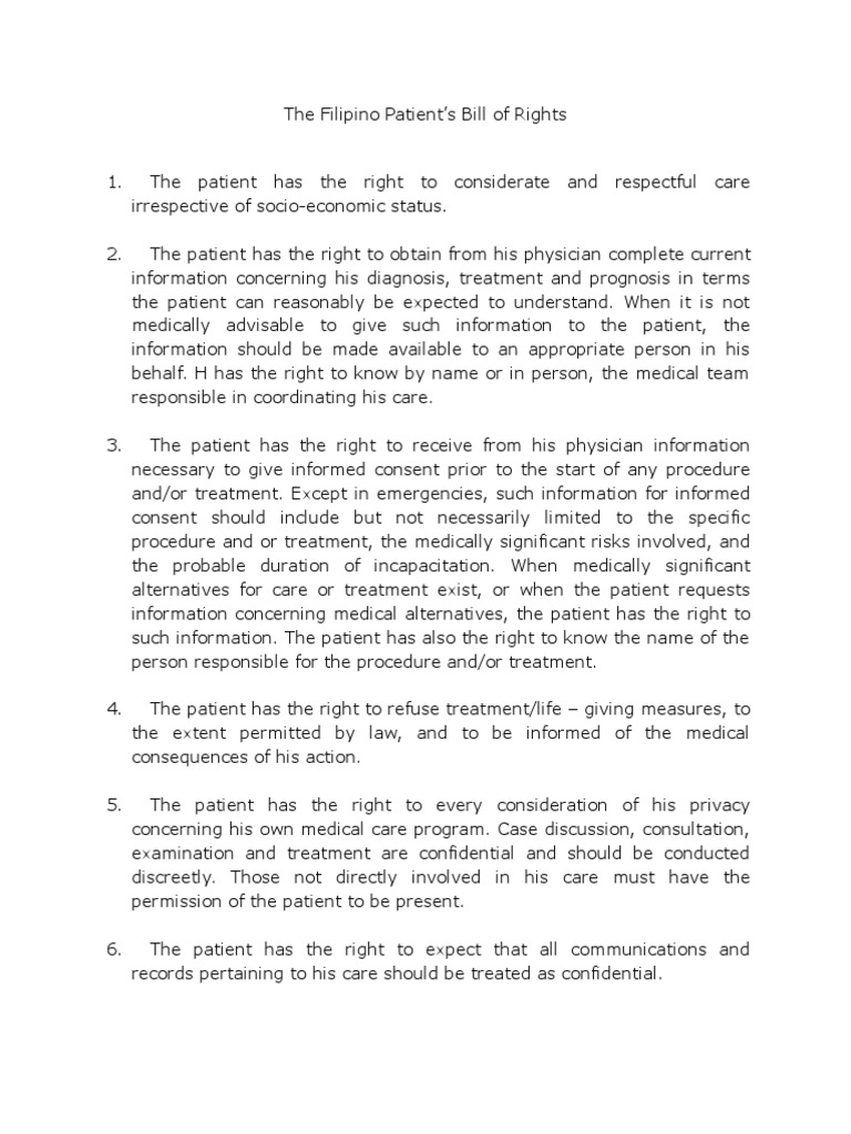 Filipino Patient's Bill of Rights | Patient | Hospital