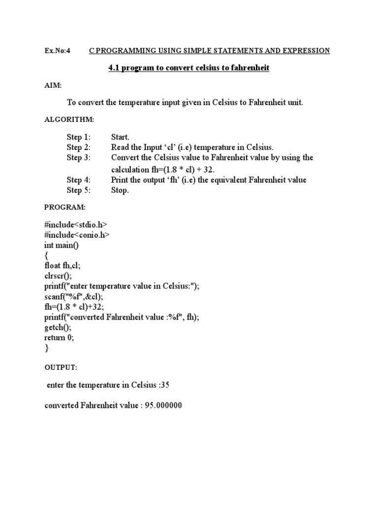 4.1 Program To Convert Celsius To Fahrenheit: Ex - No:4 C Programming ...