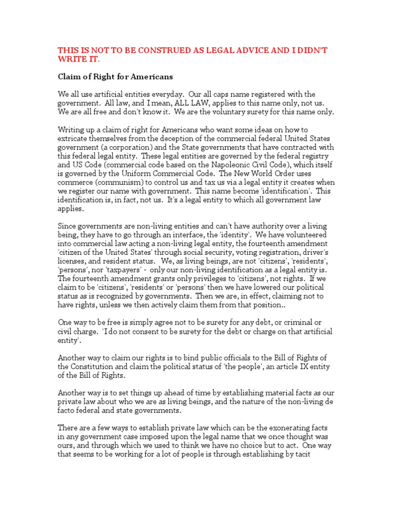 Claim of Right For Americans | PDF | Sovereign State | United States ...