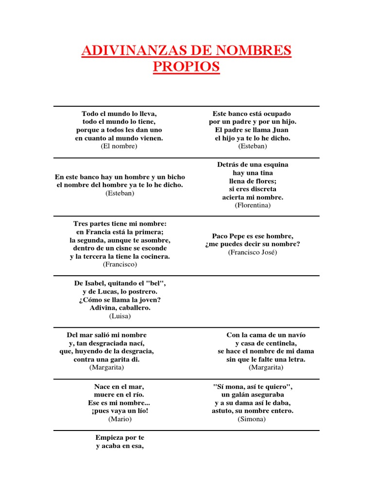 Adivinanzas de Nombres Propios | PDF