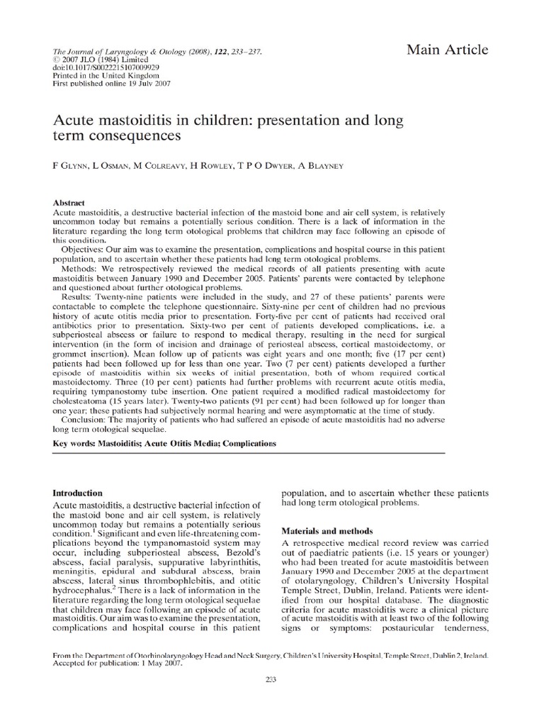 Acute Mastoiditis in Children Presentation and Long Term Consequences | PDF
