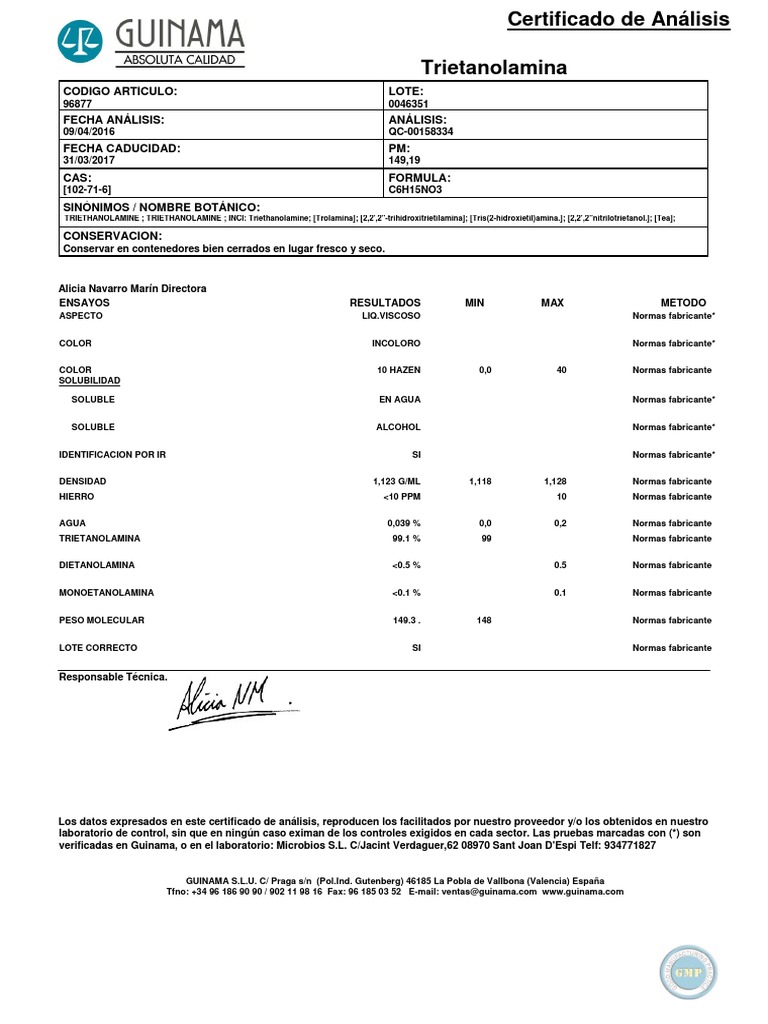 Certificado Tea 0046351 | PDF | Compuestos de hidrógeno | Química Orgánica