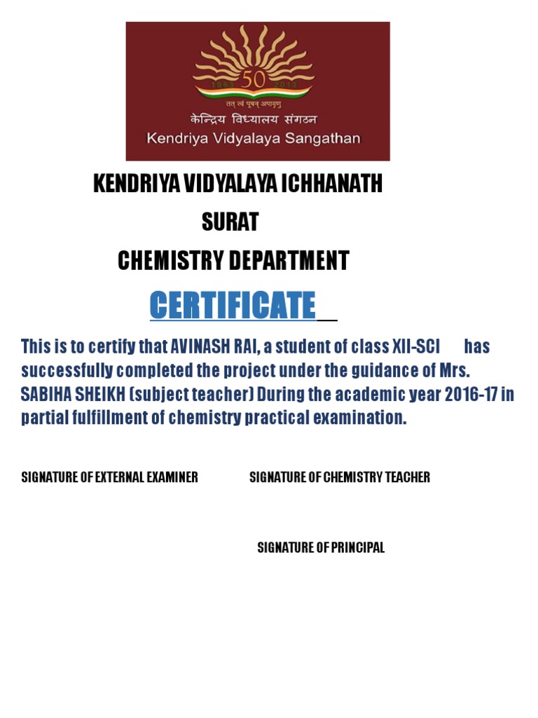 Certificate: Kendriya Vidyalaya Ichhanath Surat | PDF