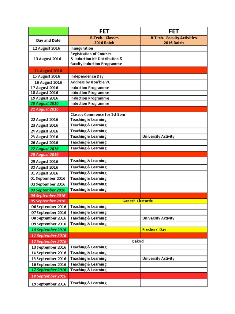 BTech Annual Calender-2016 Batch | PDF | Educational Assessment ...