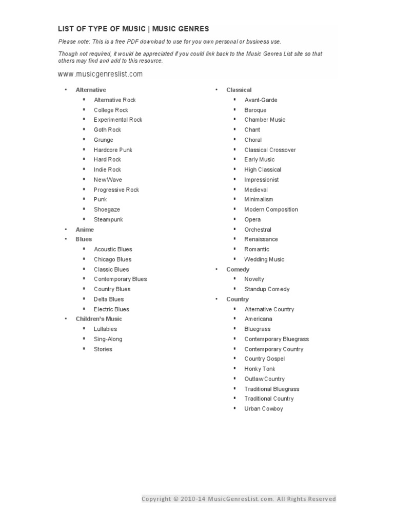 Music Genre List Complete List Music Styles Types Genres PDF | PDF