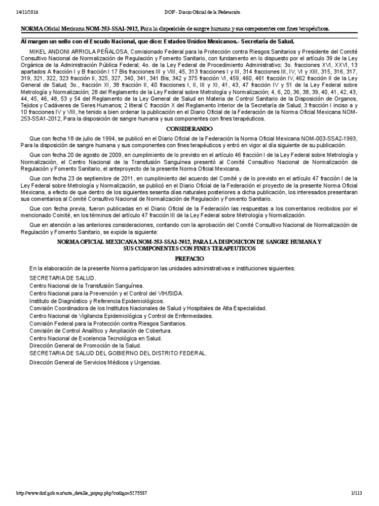 NORMA Oficial Mexicana NOM-253-SSA1-2012, Para la disposición de sangre ...