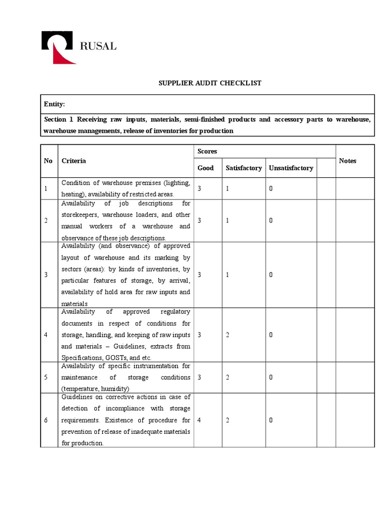 Supplier Audit Checklist for Warehousing | PDF | Warehouse | Audit