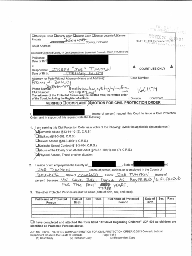 Request For Restraining Order Against Joe Tumpkin | PDF