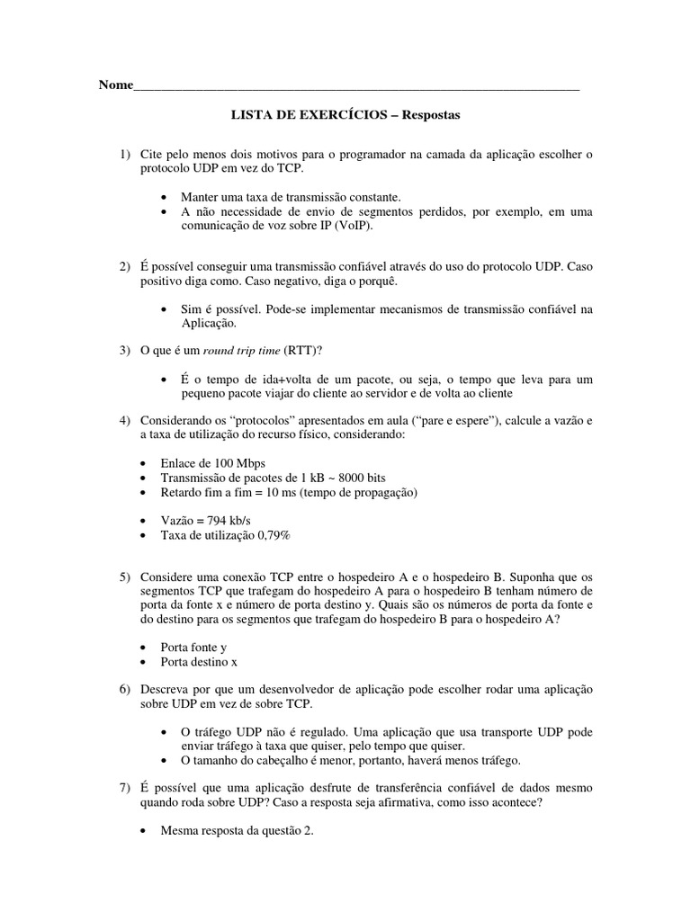 Lista3 Respostas | PDF | Protocolo de controle de transmissão | Modelo cliente – Servidor