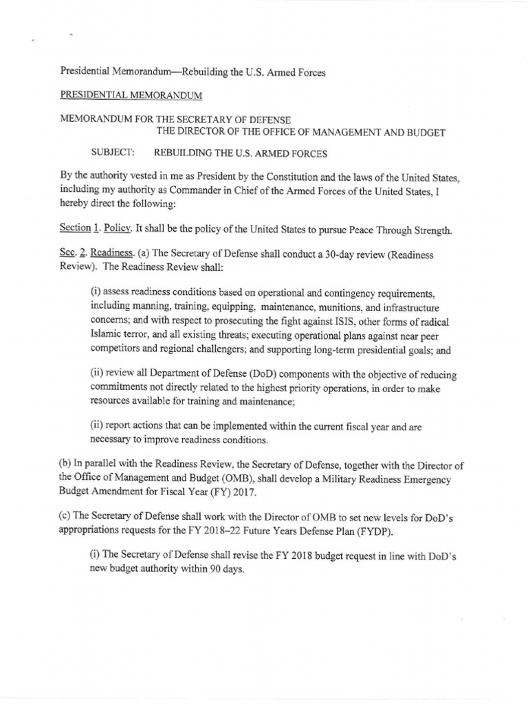 Draft of The Presidential Memorandum On Rebuilding The US Armed Forces ...