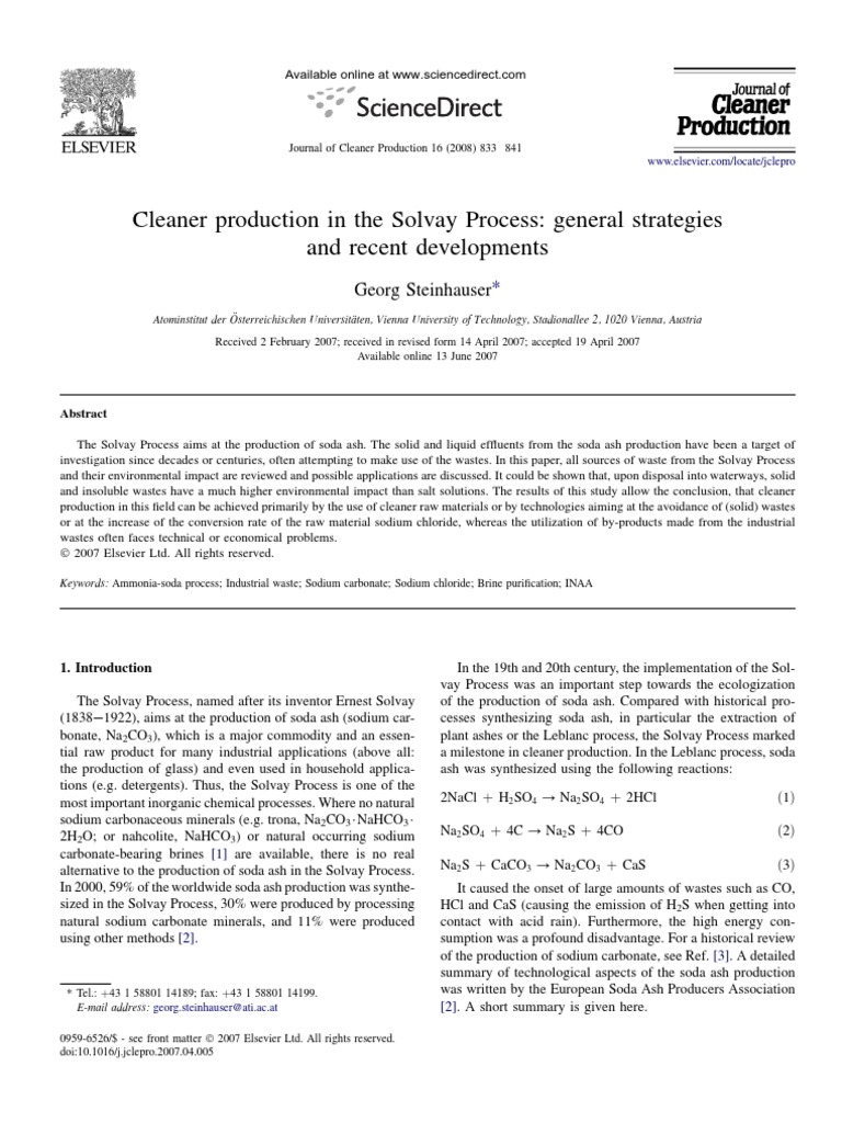 Cleaner Production in The Solvay Process General Strategies and Recent ...