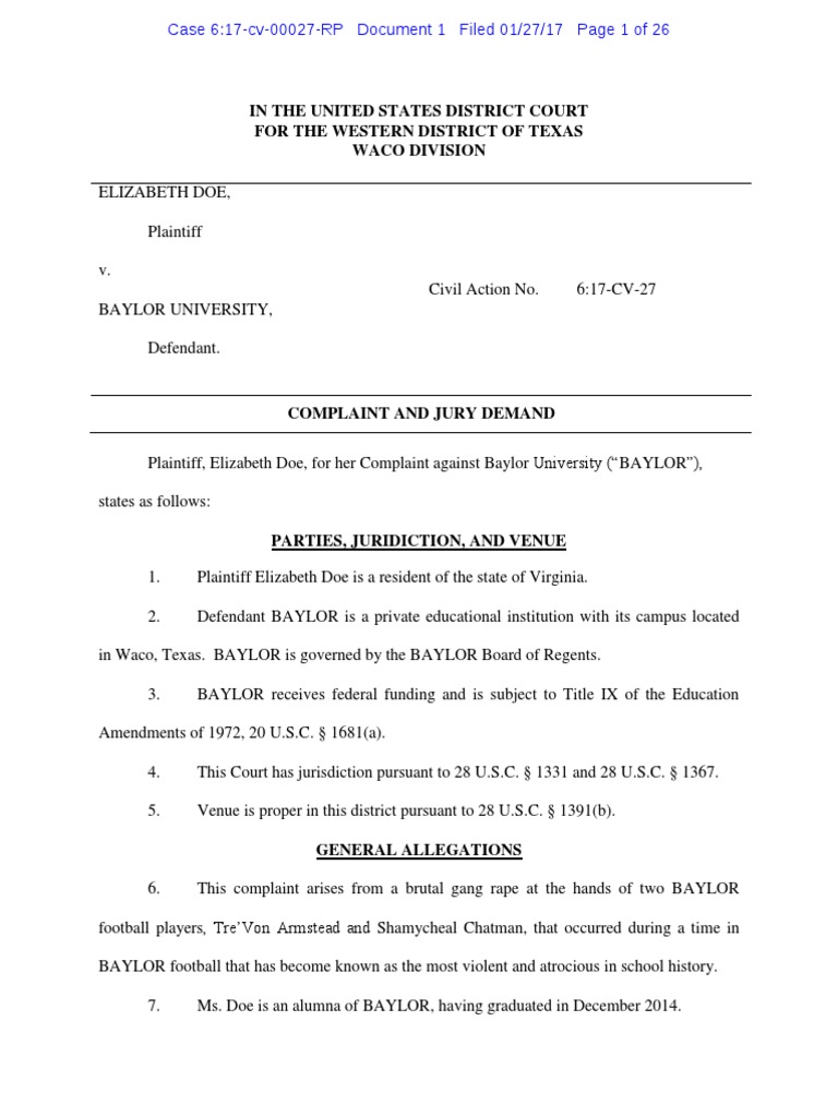 Elizabeth Doe Vs Baylor University | PDF | Damages | Title Ix