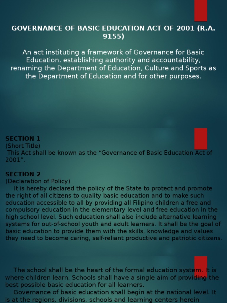 Governance of Basic Education Act of 2001 (R.A. 9155) | PDF ...