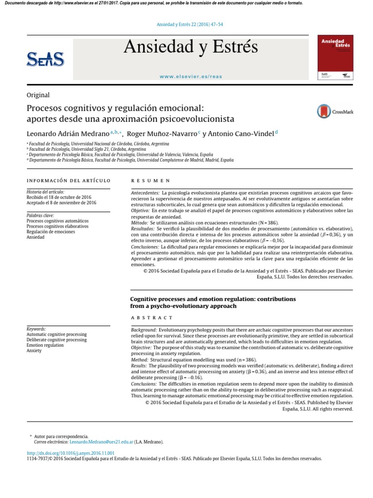 Procesos Cognitivos Y Regulación Emocional Pdf Las Emociones Ansiedad