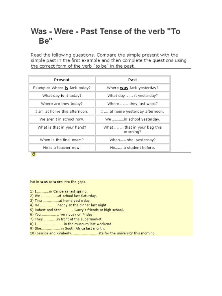 Was - Were - Past Tense of The Verb "To Be" | PDF