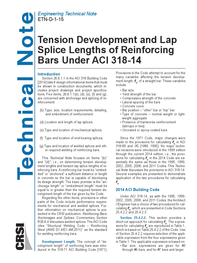 Dev and Lap Splice Lengths - ETN-D-1-15 | PDF | Concrete | Engineering