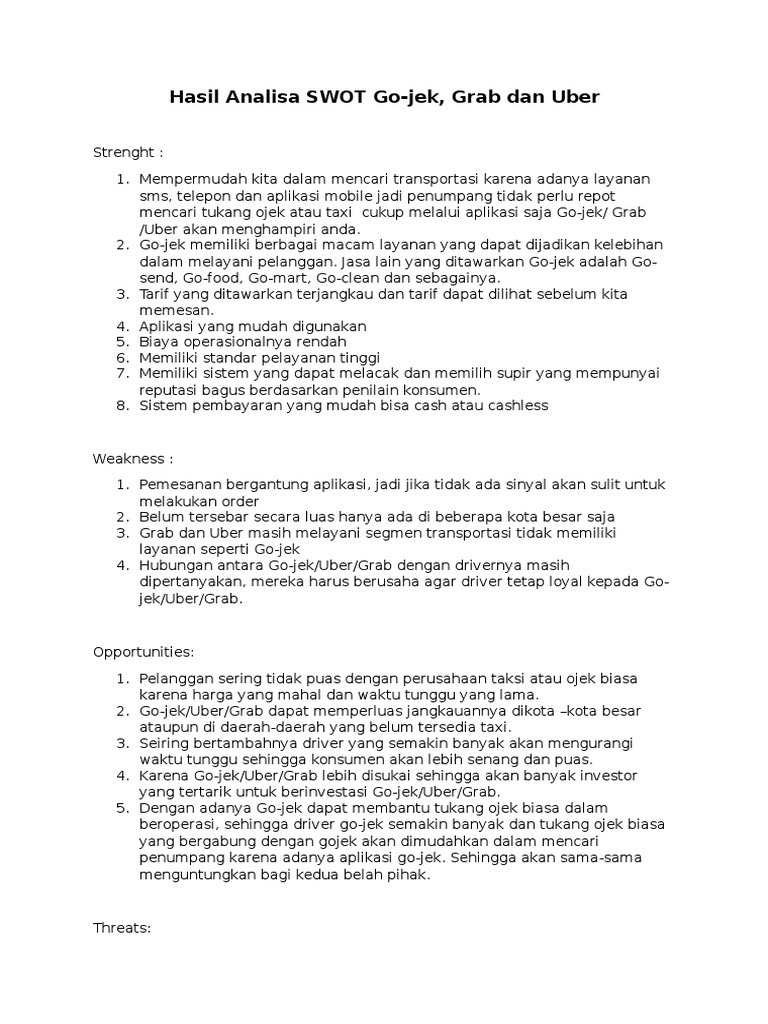 Analisis SWOT Go-jek, Grab, dan Uber | PDF