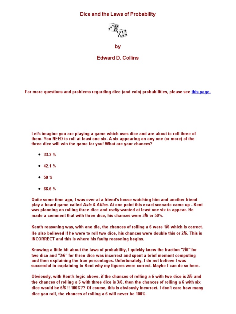 Dice and The Laws of Probability | PDF | Dice | Teaching Mathematics