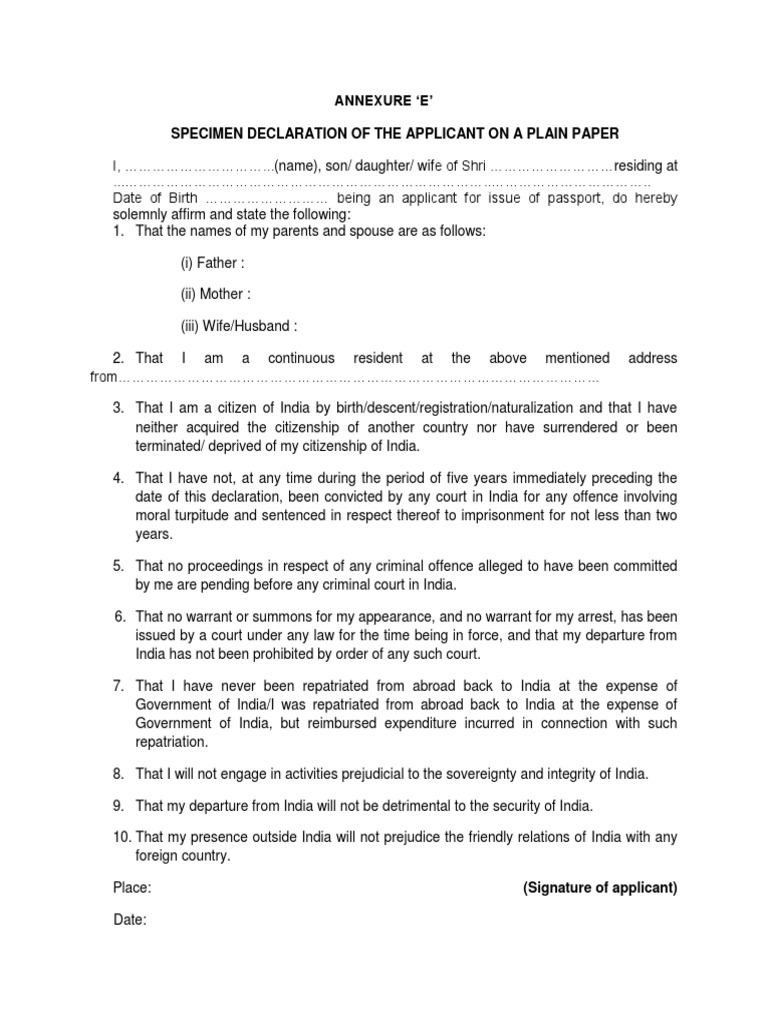 Annexure E' Specimen Declaration of The Applicant On A Plain Paper | PDF