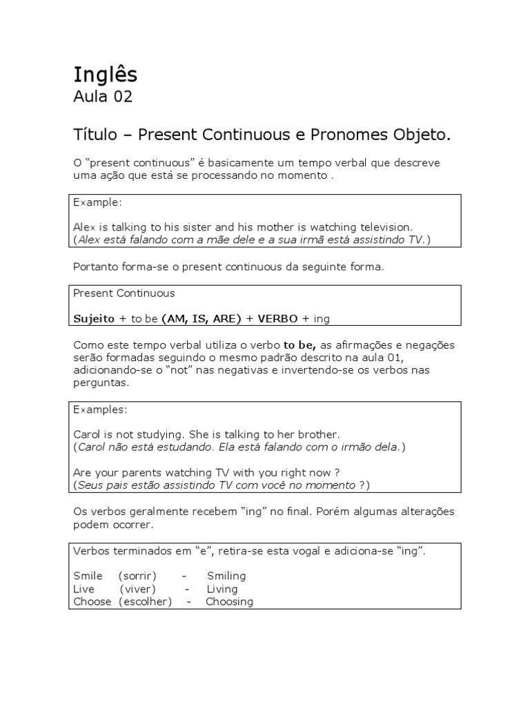 Inglês - Aula 02 - Present Continuous e Pronomes Objeto | PDF | Assunto (gramática) | Pronome
