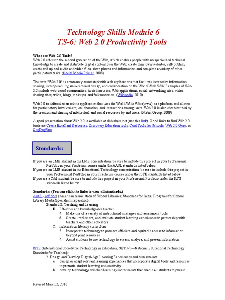 Technology Skills Module 6 TS-6: Web 2.0 Productivity Tools: Standards ...