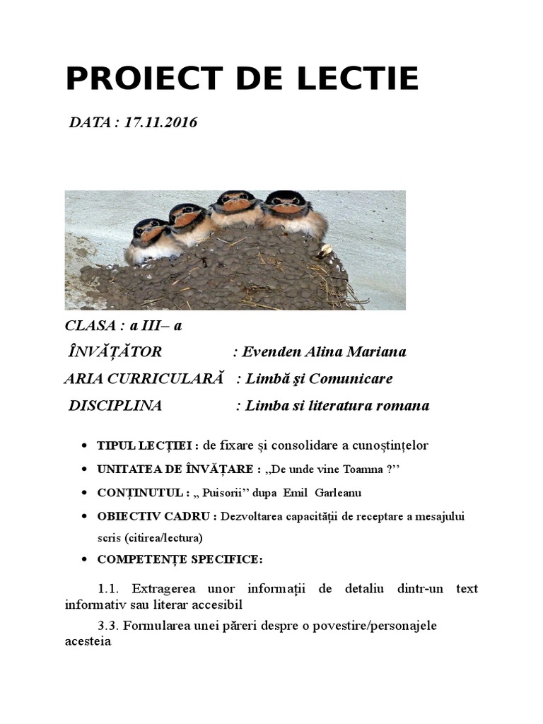 Proiect Didactic - Puisorii, Emil Garleanu | PDF