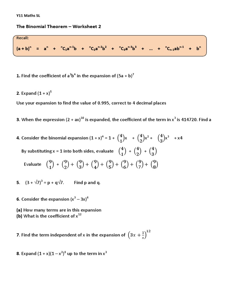 The Binomial Theorem - Worksheet 2: Recall | PDF