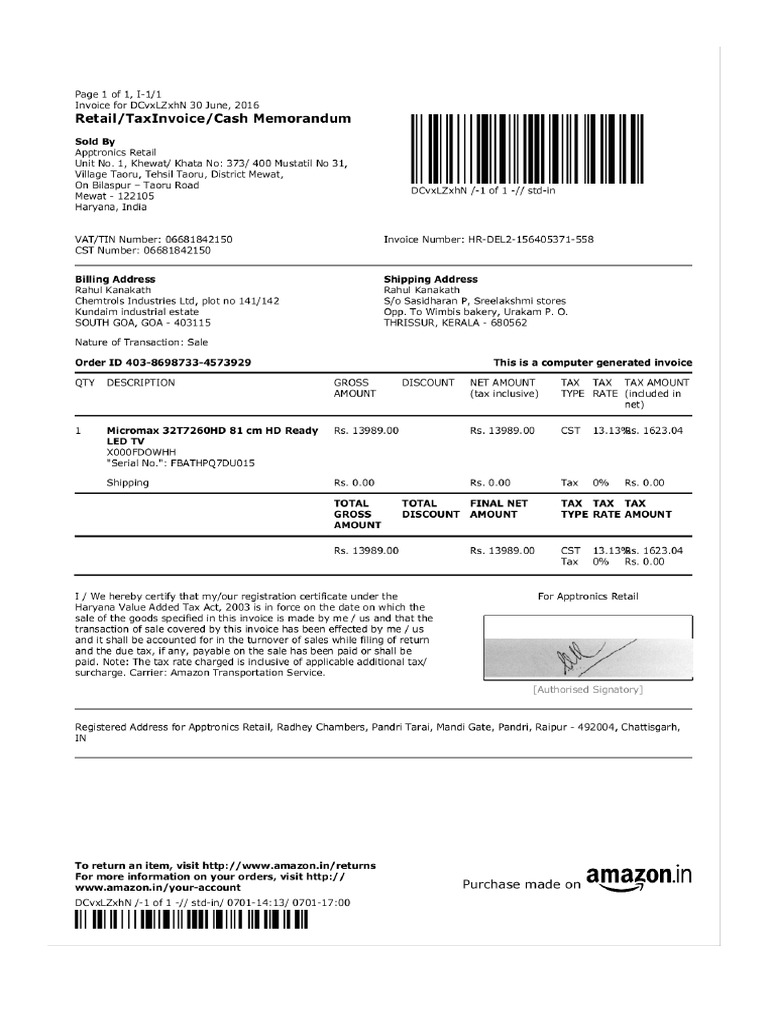 Micromax LED TV Invoice | PDF