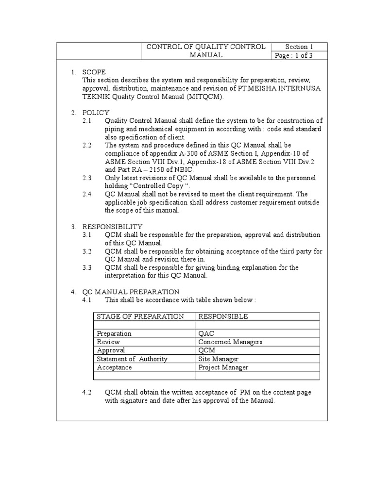 Quality Control Manual Overview | PDF | Calibration | Specification ...