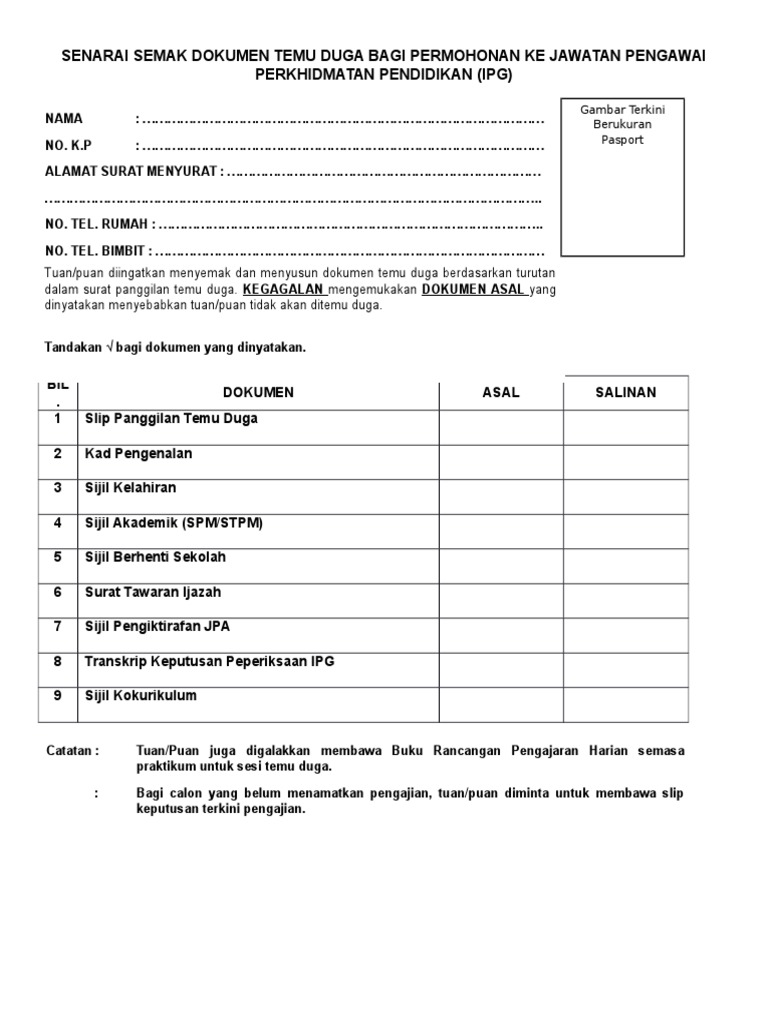 Senarai Semak Dokumen Temuduga SPP | PDF