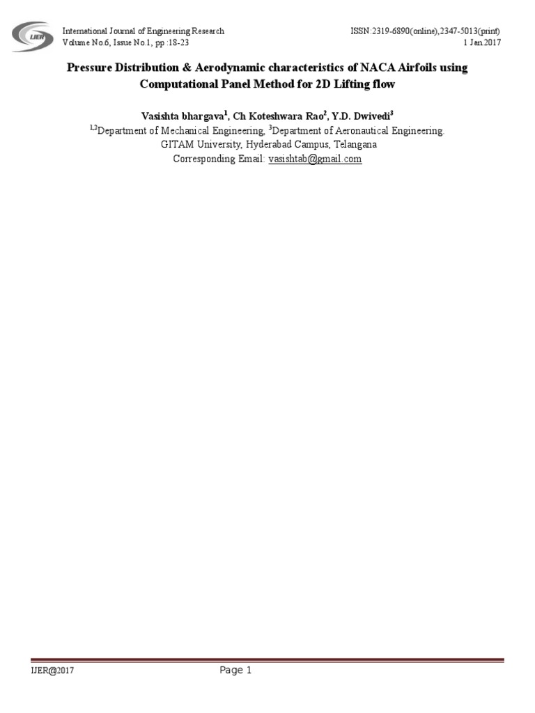 Pressure Distribution & Aerodynamic Characteristics of NACA Airfoils Using Computational Panel ...