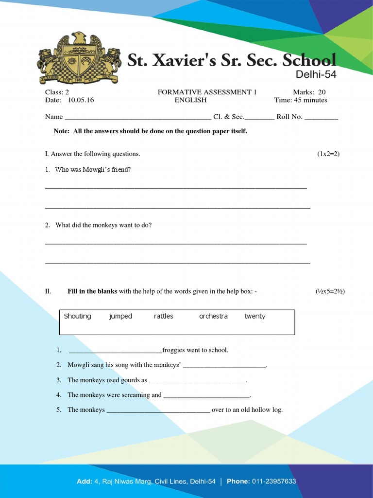 Class: 2 Formative Assessment 1 Marks: 20 Date: 10.05.16 English Time ...