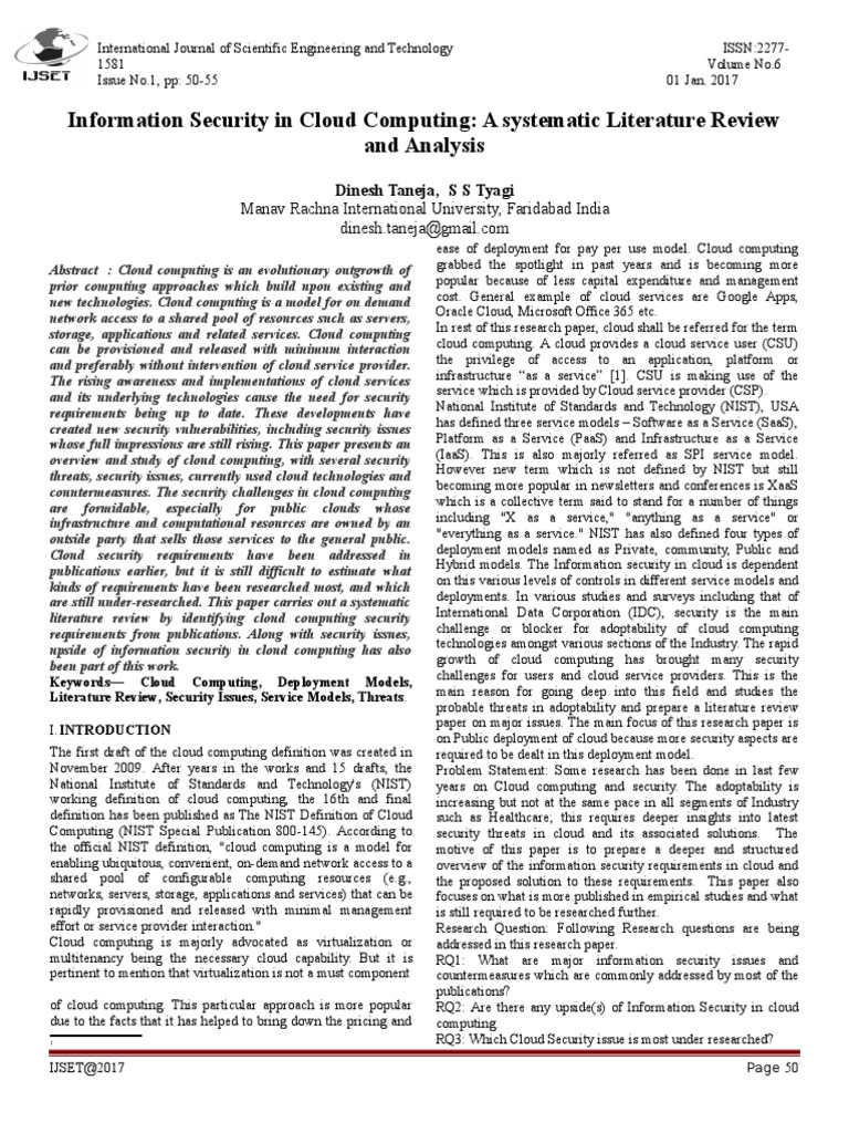 Information Security In Cloud Computing A Systematic Literature Review And Analysis Pdf