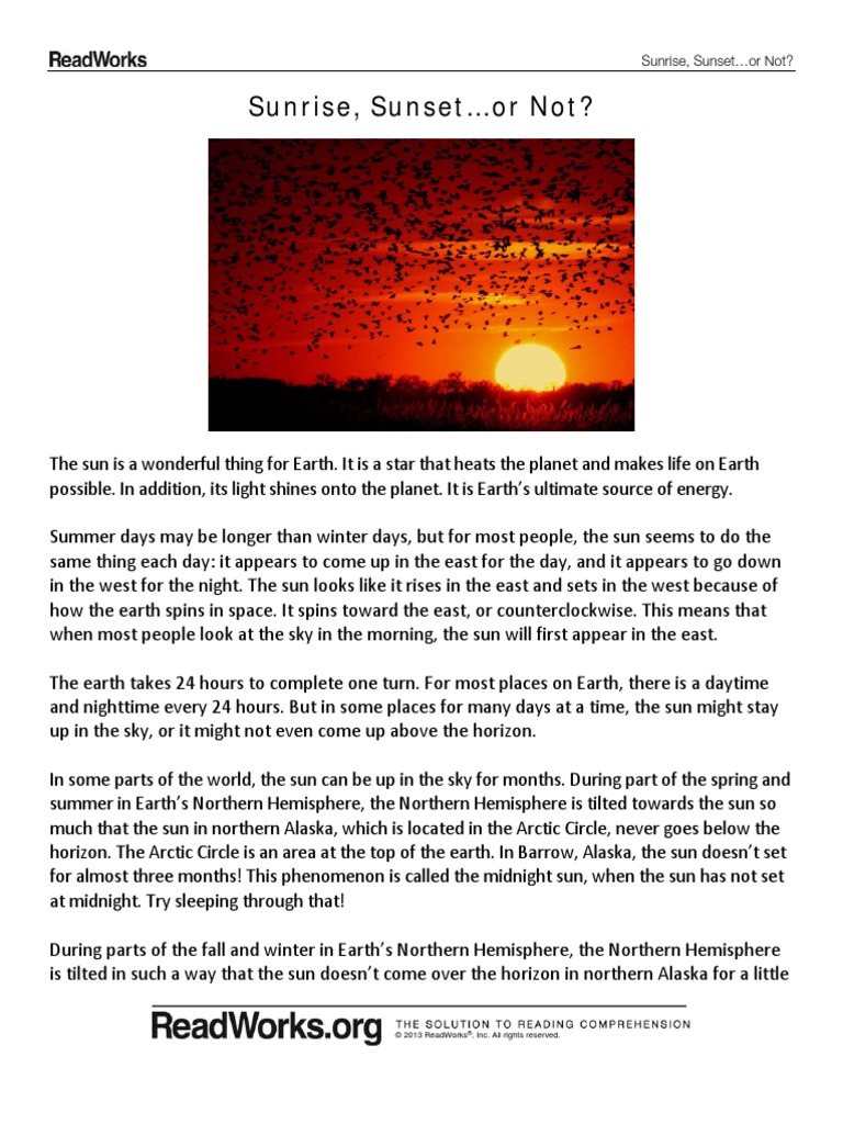 Sunrise Sunset or Not 1030 Passage and Questions | PDF | Sunset | Night