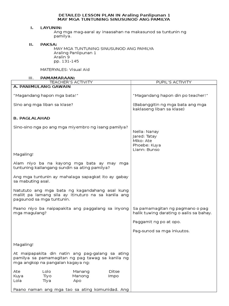 Detailed Lesson Plan in Aral. Pan. 1 | PDF