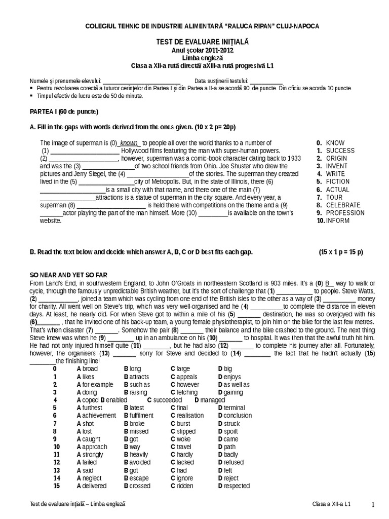 Ev Initiala Cls12 Subiecte | PDF | Superman | Leisure