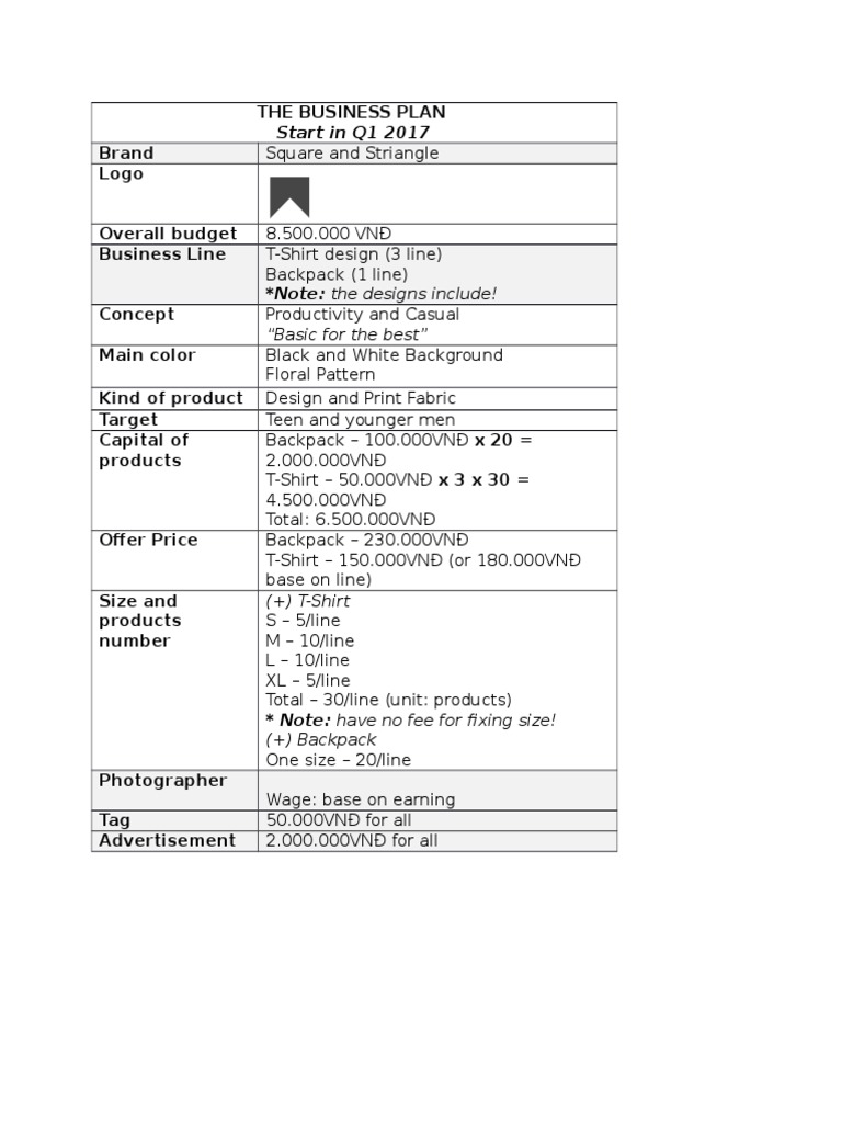 Business Plan for T-Shirt and Backpack Brand | PDF