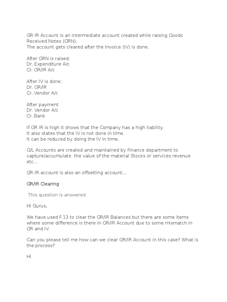 GR IR Account Maintenance in SAP | PDF | Invoice | Debits And Credits