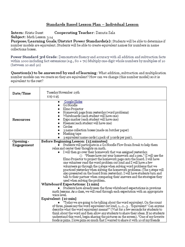 Standards Based Lesson Plan - Individual Lesson Intern: Cooperating ...