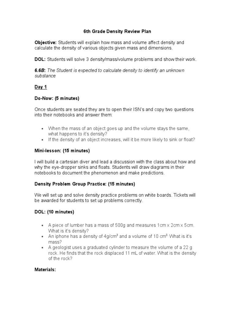6th Grade Density Review Plan | PDF