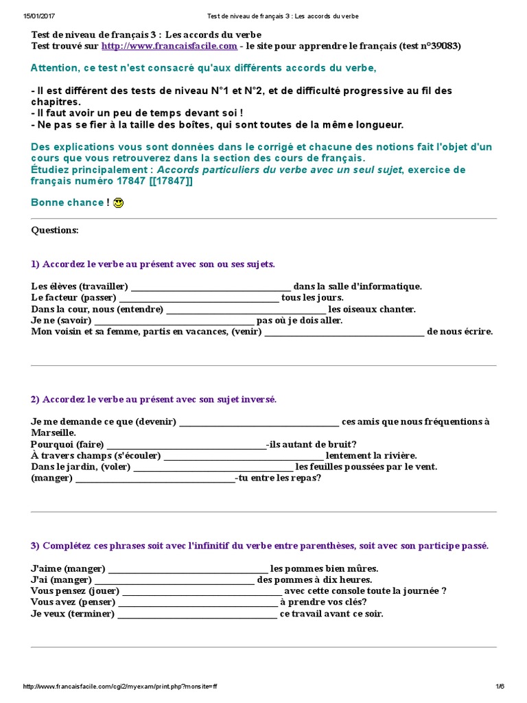 Test de Niveau de Français 3 - Les Accords Du Verbe | PDF | Nombre ...