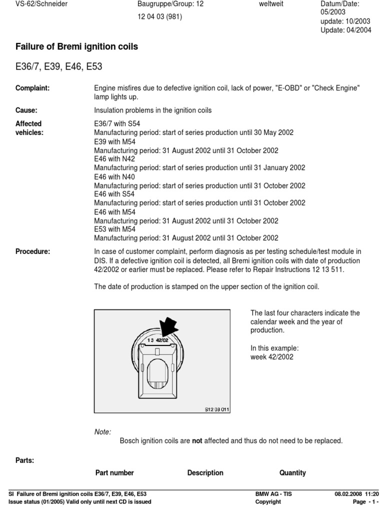 SI Failure of Bremi Ignition Coils E36 - 7, E39, E46, E53 | PDF ...