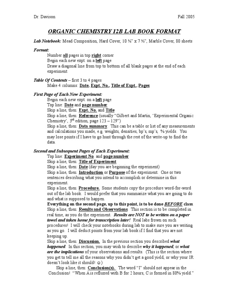 Organic Chemistry 12B Lab Book Format: Everything On The Second Page ...